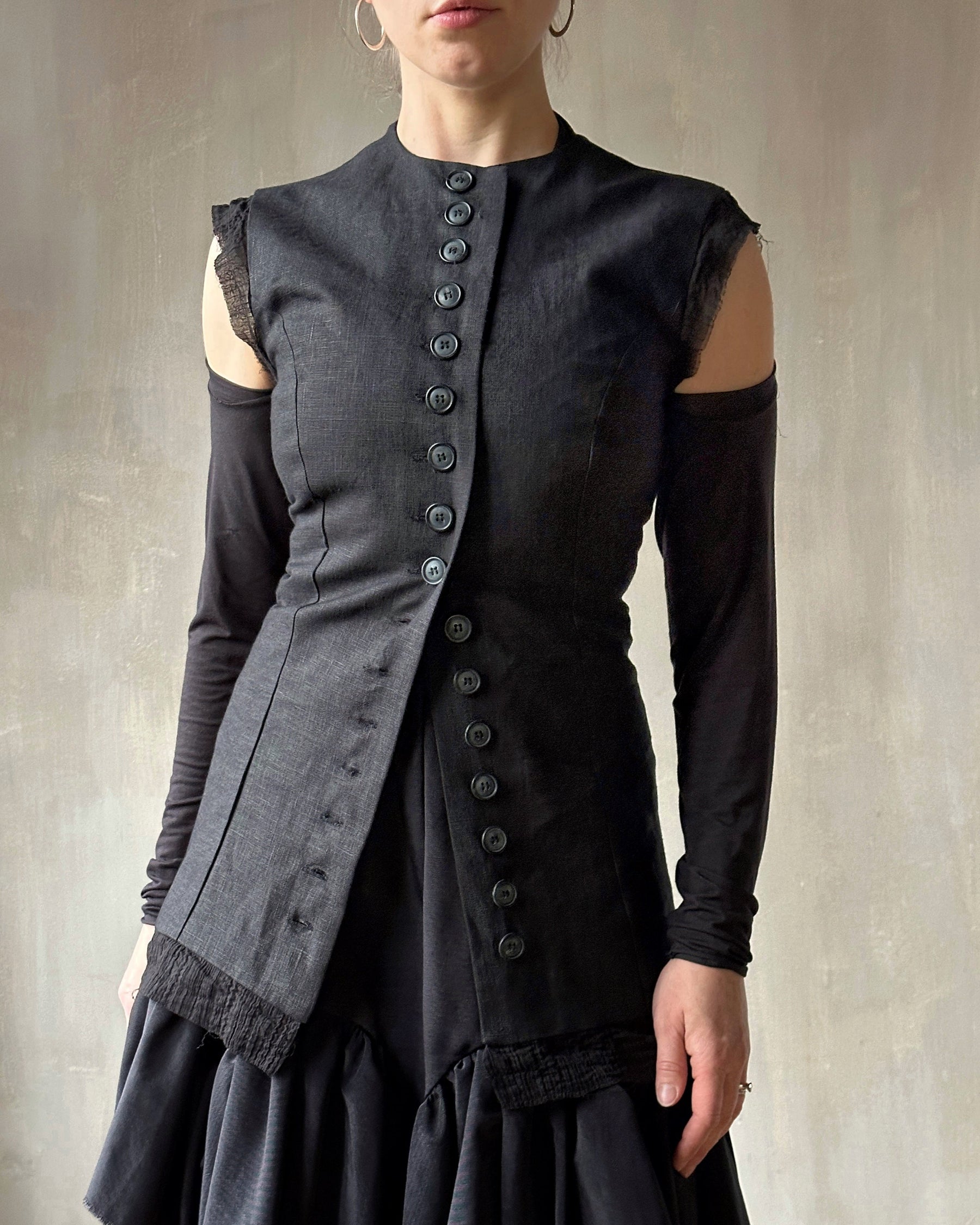 Long Button-Front Tails Vest in Linen