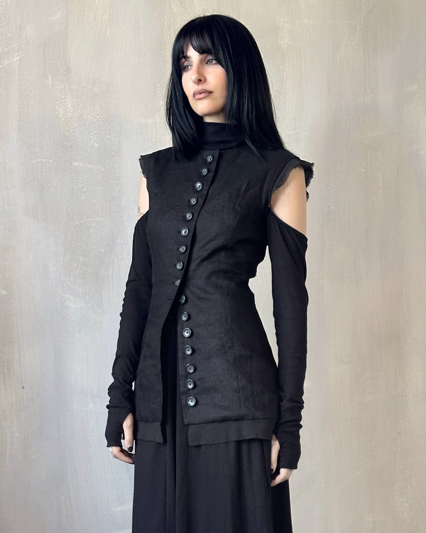 Long Button-Front Tails Vest in Linen