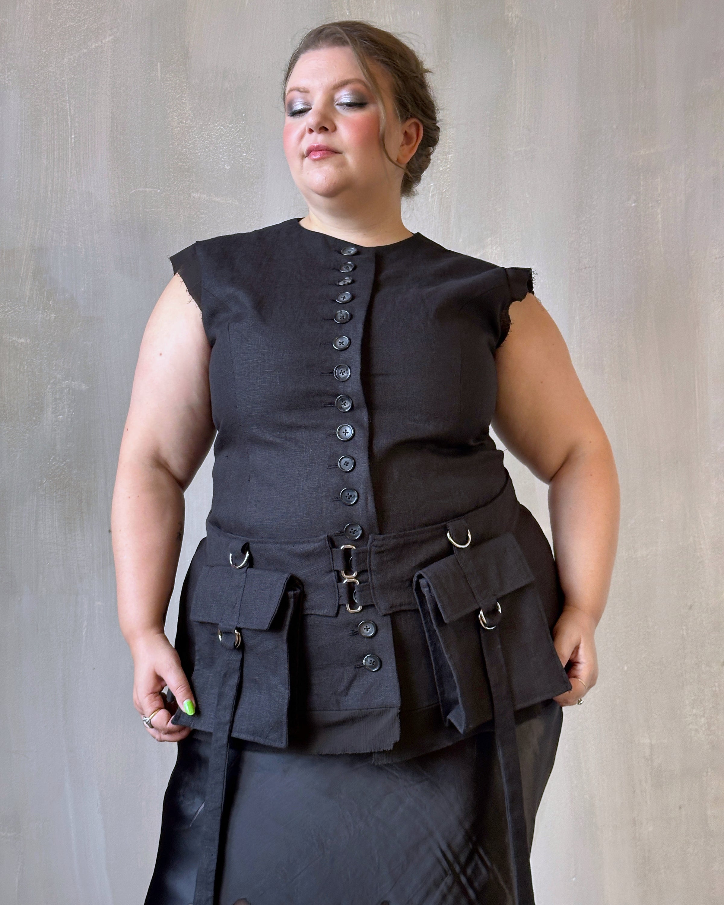 Long Button-Front Tails Vest in Linen